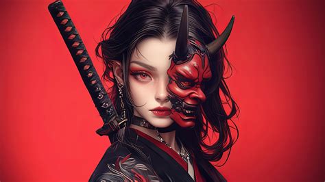 Samurai Girl With Katana And Red Oni Mask 4k Hd Anime Wallpapers Hd