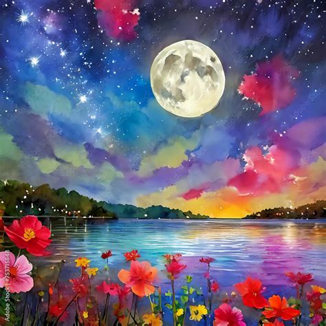 판타지 컬러풀 밤 호수 Stock Illustration Adobe Stock