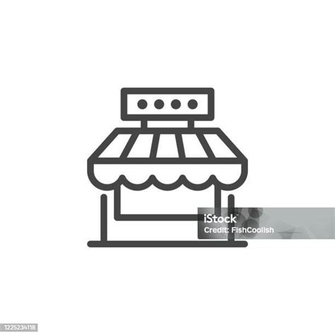 시장 상점 라인 아이콘입니다 키오스크 상점 소매 그래픽 그림 길거리 음식 개념 선형 라벨 윤곽 로고 상업 시장 장소 흰색으로 격리된 벡터 그림 Fashion Show에 대한