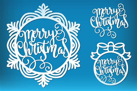 메리 크리스마스 레이저 컷 레터링 템플릿입니다 눈송이와 크리스마스 공 내부 서예 비문 템플릿을 절단 크리스마스 휴일 장식 벡터