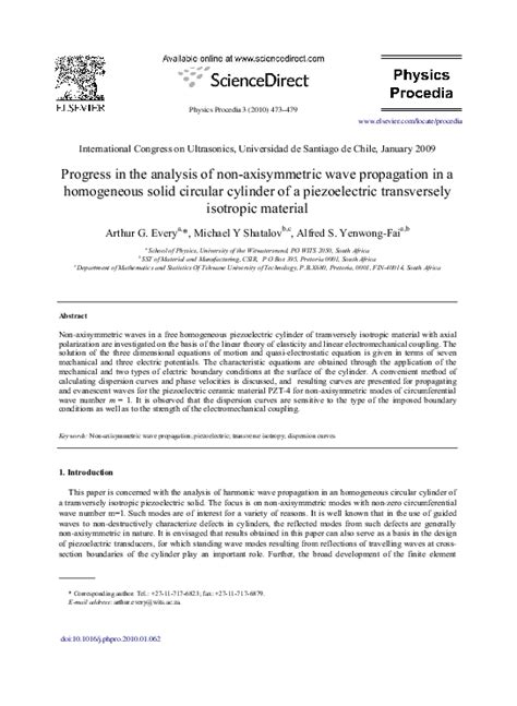 Pdf Progress In The Analysis Of Non Axisymmetric Wave Propagation In A Homogeneous Solid
