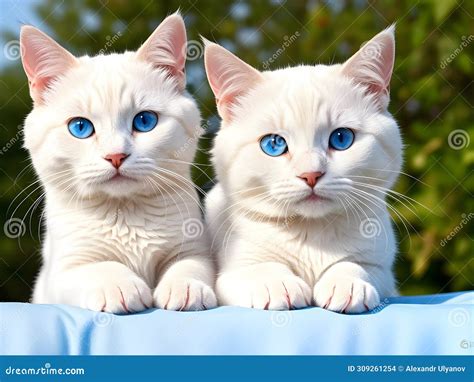 Two Beautiful White Cats With Blue Eyes On Blue Background Closeup