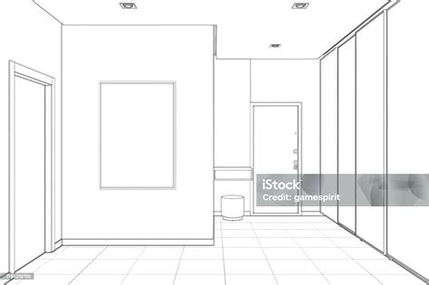 포스터 프레임 옷장 푸프 및 문이있는 현대적인 현관 의 스케치 전면 뷰입니다 0명에 대한 스톡 사진 및 기타 이미지 0명 3차원 형태 가구 Istock