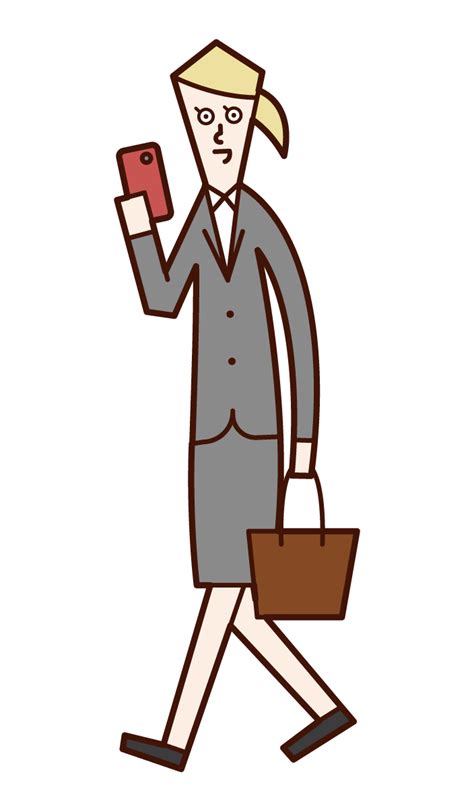 걸을 때 스마트 폰을 사용하는 사람 여성의 그림 무료 일러스트 소재집 Kukukeke