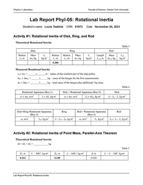 Rotation Lab Template Physics I Lab Report Physics I Laboratory Faculty Of Science Ontario