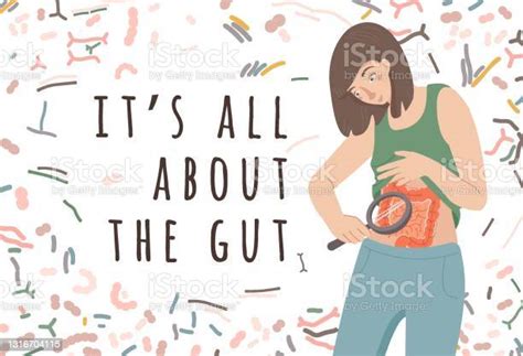 돋보기로 자신을 바라보는 젊은 여성 창자에 대한 스톡 벡터 아트 및 기타 이미지 창자 복부 건강한 생활방식 Istock