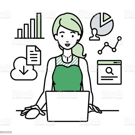 웹 사이트 검색 연구 클라우드 파일 공유 분석 및 책상에서 보고서를 만들기 위해 랩톱 컴퓨터를 사용하여 드레스를 입은 여성 검색에 대한 스톡 벡터 아트 및 기타 이미지