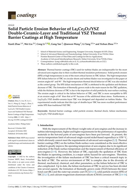 Pdf Solid Particle Erosion Behavior Of La2ce2o7ysz Double Ceramic
