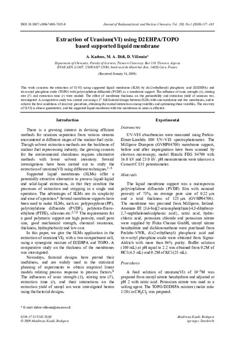 Pdf Extraction Of Uranium Vi Using D2ehpa Topo Based Supported Liquid Membrane