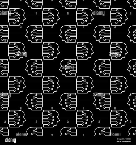 Human Head With Neural Network Vector Artificial Intelligence Concept Line Dark Seamless Pattern