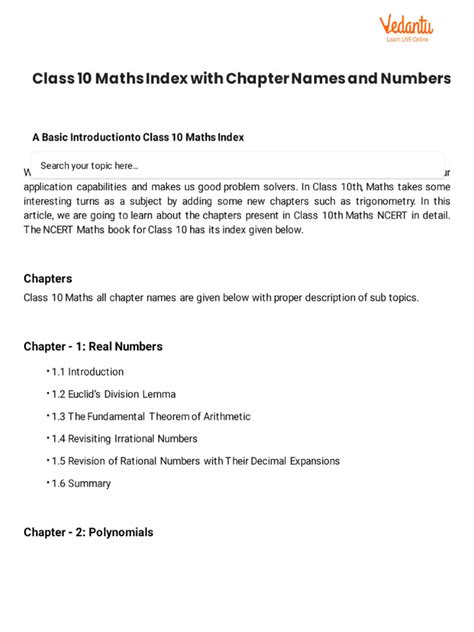 Class 10 Maths Index With Chapter Names And Numbers Pdf Class 10 Maths Index With Chapter Names And Numbers Pdf