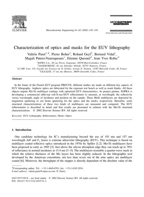 Pdf Characterization Of Optics And Masks For The Euv Lithography