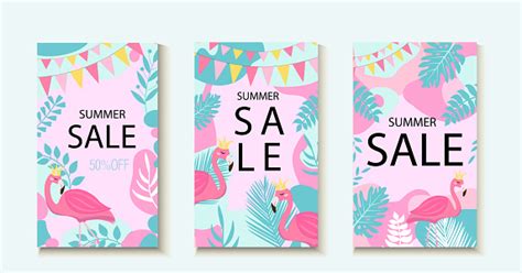 안녕하세요 여름 추상적 인 배경 디자인의 컬렉션 플라밍고와 당신의 디자인을위한 여름 판매 템플릿 창조적 인 현대 미학 스타일 벡터 일러스트레이션 0명에 대한 스톡 벡터 아트