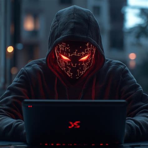 Masked Hacker With Glowing Eyes Typing In A Hightech Environment Premium Ai Generated Image