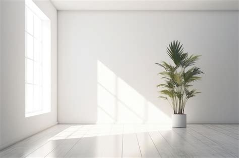 식물과 햇빛 3d 렌더링이 있는 흰색 빈 방 프리미엄 사진