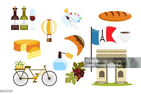 장비 프랑스 만화 스타일의 세트 포도의 벡터 일러스트 레이 션 타워가있는 깃발 크로와상 커피 증류주 치즈 와인 풍선 그림 흰색 배경에 승리 아치 프랑스에 대한 스톡 벡터