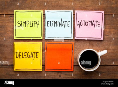 Task Management Concept Simplify Eliminate Automate Delegate Handwriting On Sticky Notes