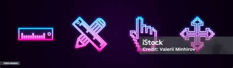 선 눈금자 교차 자 및 연필 픽셀 손 커서 및 화살표를 네 방향으로 설정합니다 빛나는 네온 아이콘입니다 벡터 4가지 개체에 대한