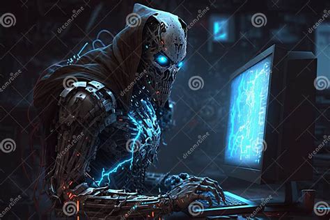 Cyborg Hacker Robot Hacks Into A Computer The Concept Of Cybersecurity