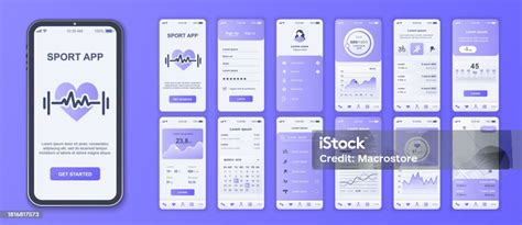 피트니스 모바일 앱 인터페이스 화면 템플릿 세트 계정 로그인 칼로리 추적 스포츠 훈련 목록 체중 데이터 캘린더 지도 응용 프로그램 웹 레이아웃을 위한 Ui Ux Gui 키트