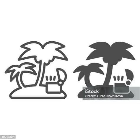 섬 라인과 글리프 아이콘에 보물 상자를 엽니 다 흰색에 고립 된 야자수 벡터 그림과 열대 섬 웹 및 응용 프로그램을 위해 설계된 고대 가슴 윤곽 스타일 디자인섬 Eps 10