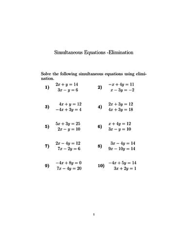 Simultaneous Equations Elimination Worksheet With Solutions
