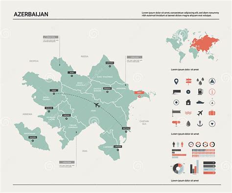 阿塞拜疆的传染媒介地图 与分裂、城市和首都巴库的高详细的国家地图 政治地图，世界地图， 向量例证 插画 包括有 陆运 区域 143892467