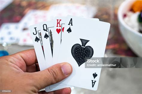 로얄 플러시와 카드를 들고있는 남자 포커 러미 틴 패티 및 기타 카드 게임에서 행운의 손을 보여주는 다른 스위트 룸 가능성에 대한 스톡 사진 및 기타 이미지 Istock