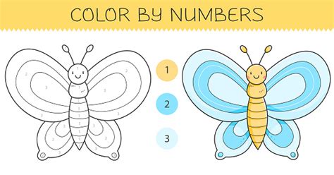 나비와 함께 아이들을위한 숫자 색칠 공부 책으로 색칠하십시오 색칠하기 위한 예제가 있는 귀여운 만화 나비가 있는 색칠 공부 페이지 흑백 및 컬러 버전 벡터 그림입니다 0명에