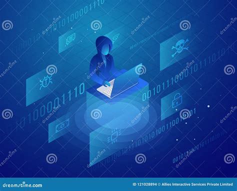Isometric Design With Hacker Using Laptop For Personal Data Protection Or Hacking Concept Stock