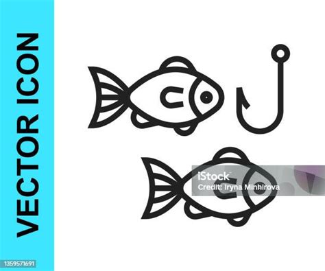 흰색 배경에 고립 된 물고기 아이콘과 물 아래 검은 줄 낚시 후크 낚시 태클 벡터 가시 철사에 대한 스톡 벡터 아트 및 기타 이미지 가시 철사 강철 건강관리와 의술
