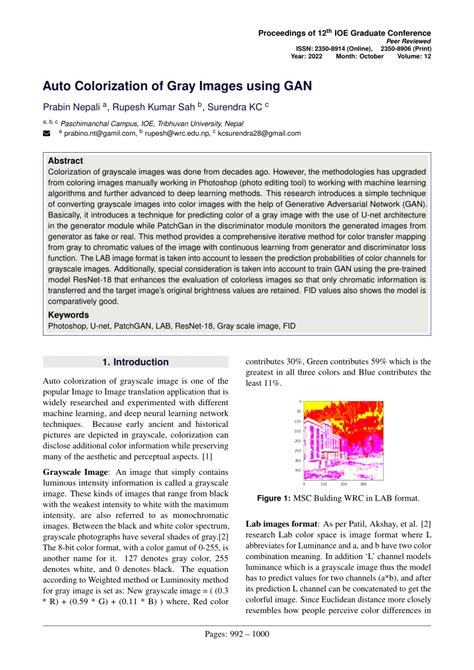 Pdf Proceedings Of 12 Th Ioe Graduate Conference Auto Colorization Of Gray Images Using Gan