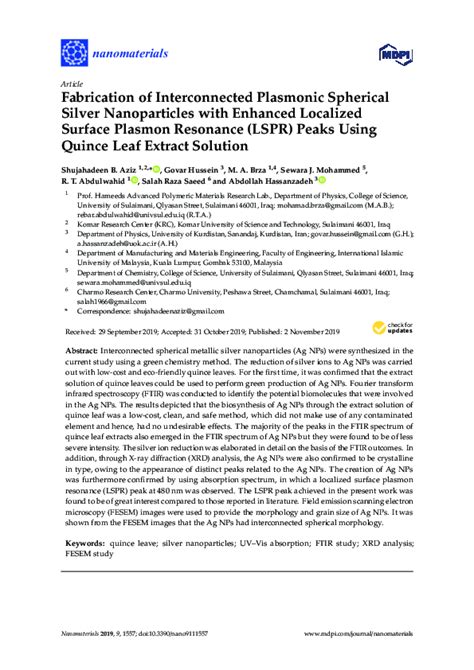 Pdf Fabrication Of Interconnected Plasmonic Spherical Silver Nanoparticles With Enhanced
