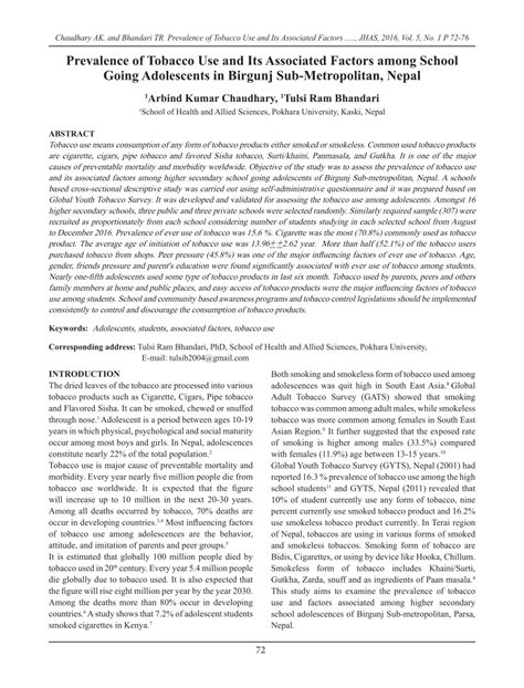 Pdf Prevalence Of Tobacco Use And Its Associated Factors Among School