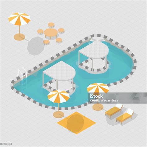 알파벳 P 글꼴 아이소 메트릭 3d 야외 여름 수영장 파티 해변 랜딩 페이지 일러스트 배경 3차원 형태에 대한 스톡 벡터 아트 및 기타 이미지 3차원 형태 계절 관광