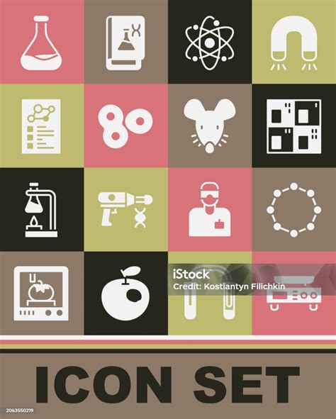 전자 저울 화학식 주기율표 원자 세포 분열 임상 기록 시험관 및 플라스크 및 실험용 마우스 아이콘을 설정합니다 벡터 Dna에
