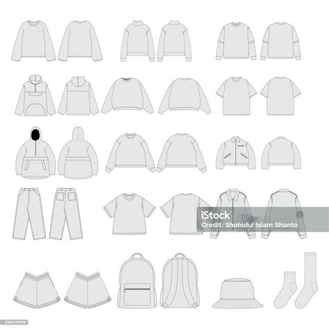 스트리트 웨어 모형 의류 브랜드 패션 Techpack 의류 모형 템플릿 세트 의류 벡터 모형 번들 스트리트웨어 테크 팩 템플릿