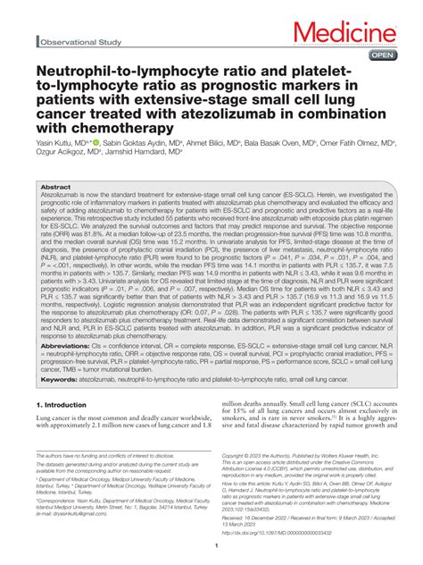 Pdf Neutrophil To Lymphocyte Ratio And Platelet To Lymphocyte Ratio