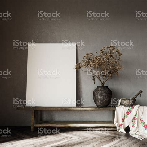 현대적인 소박한 인테리어 디자인 장식용 마른 식물과 빈 흰색 모의 액자 0명에 대한 스톡 사진 및 기타 이미지 0명 가구 가정 생활 Istock