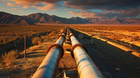 A Long Gas Pipeline Stretching Into The Distance Across A Desert
