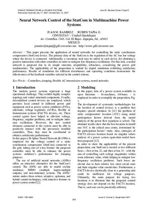 Pdf Neural Network Control Of The Statcom In Multimachine Power Systems