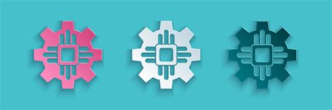 파란색 배경에 격리된 프로세서 아이콘을 용지 잘라냅니다 Cpu 중앙 처리 장치 마이크로 칩 마이크로 회로 컴퓨터 프로세서 칩