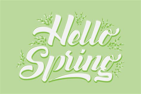 손이 그린된 글자 안녕하세요 봄 우아한 현대 필기 서 예 꽃 요소와 녹색 배경에 벡터 잉크 그림 카드 초대장 인쇄 등 개념에