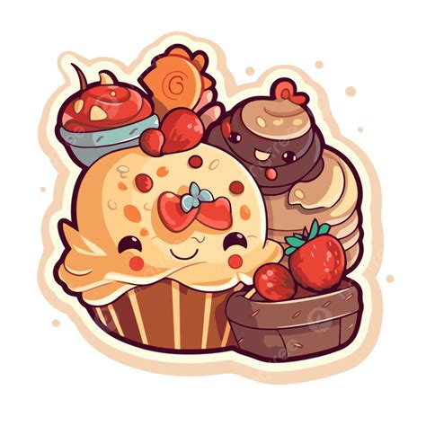 딸기 스티커가 있는 귀여운 컵케이크 벡터 일러스트 빵집 상표 만화 Png 일러스트 및 벡터 에 대한 무료 다운로드