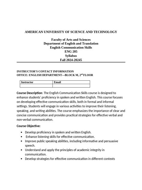 Eng 205 Syllabus Fall 2024 2025 Pdf Communication Academic