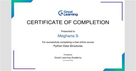 python data structures course completion certificate for meghana s meghana s