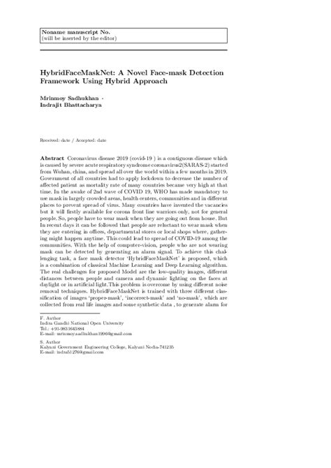 Pdf Hybridfacemasknet A Novel Face Mask Detection Framework Using Hybrid Approach