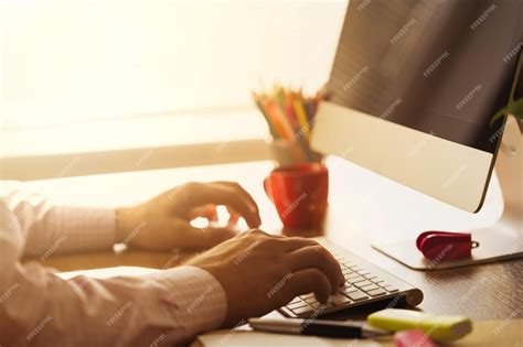 Premium Photo Hands Of Young Business Man Using Keyboard
