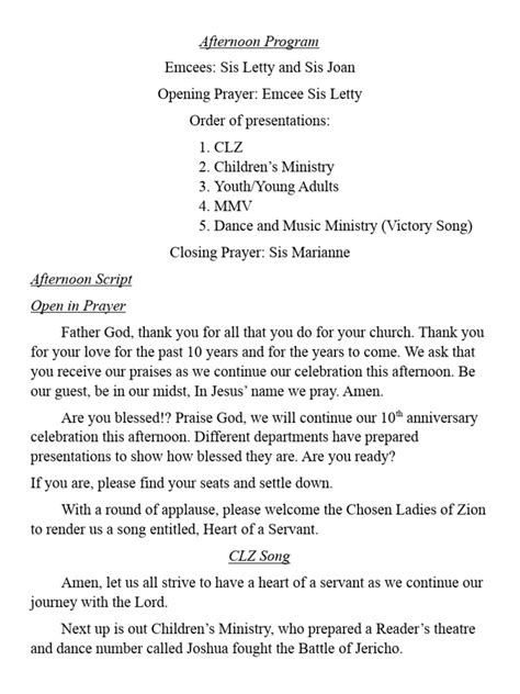 10th Anniversary Sunday Afternoon Script Pdf Prayer God