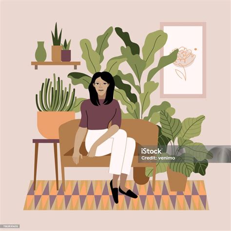 미친 식물 레이디 현대 포스터 또는 인쇄 여성 캐릭터와 평면 간단한 스타일의 벡터 일러스트 레이션 스칸디나비아 인테리어의 세련된